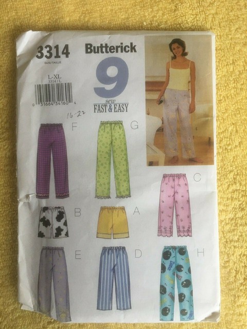 Butterick 3314 Pajamas Pants Shorts Top Pattern Plus Size 16 - 22 for ...