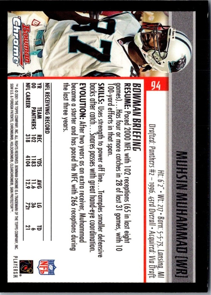 2001 Bowman Chrome Muhsin Muhammad #94 Carolina Panthers Football Card ...