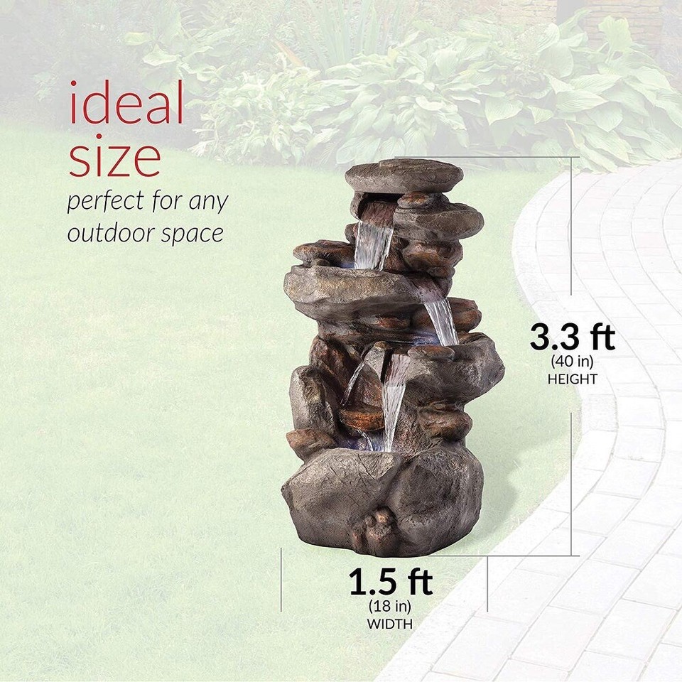 Rock Water Fountain 4Tier LED Lights Zen Garden Waterfall Stone Decor ...