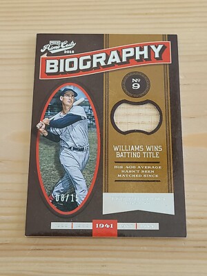 Ted Williams HOF 2016 Panini Prime Cuts Biography Materials Bat SP 08/ ...