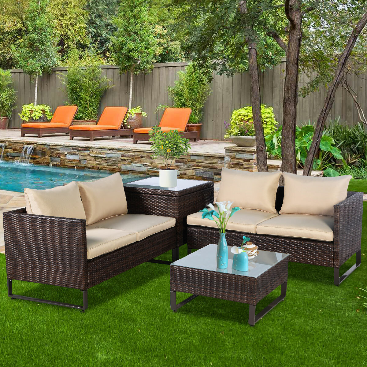 4PCS Brown Rattan Wicker Patio Sofa Cushion Seat Set Furniture Lawn ...