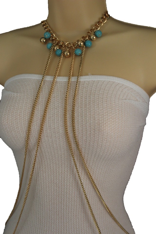 Women Ball Pendant Gold Metal Body Chain Necklace Fashion Jewelry Blue ...