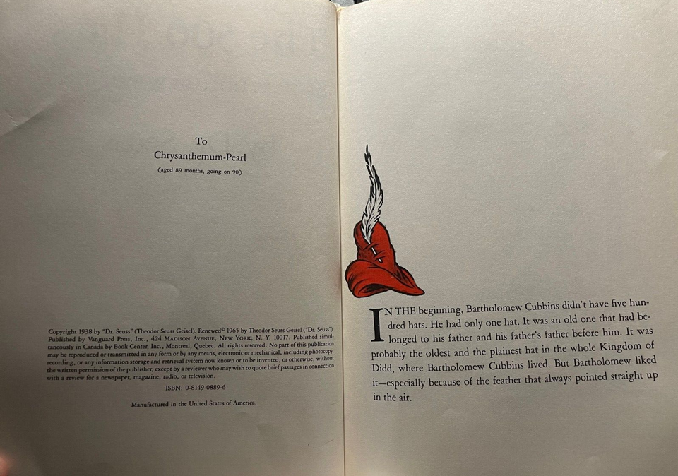500 Hats of Bartholomew Cubbins Dr. Seuss Hardcover Library Binding ...