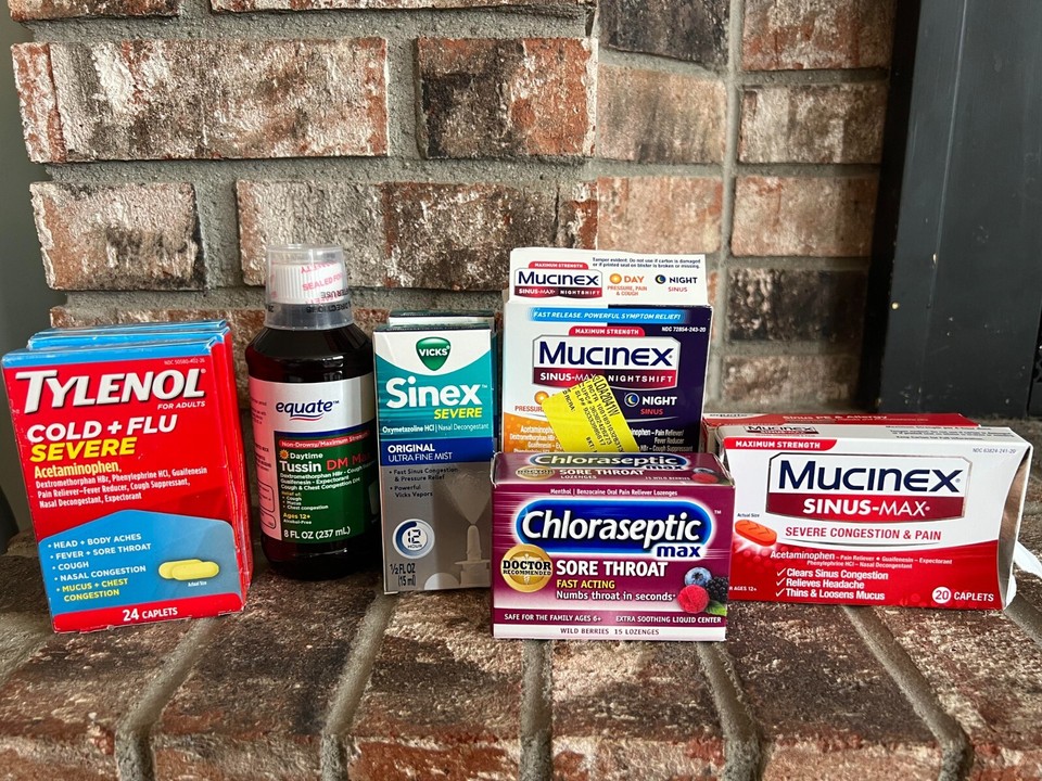 LOT of Cold & Flu Sinus Relief Medications Tylenol Mucinex Sinex Equate ...
