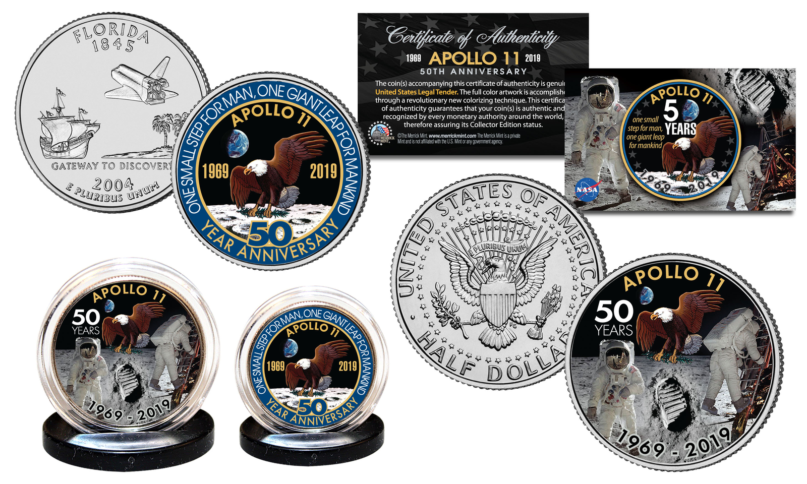 APOLLO 11 50th Anniversary Man on Moon 2-Coin Set FL. Quarter & JFK ...