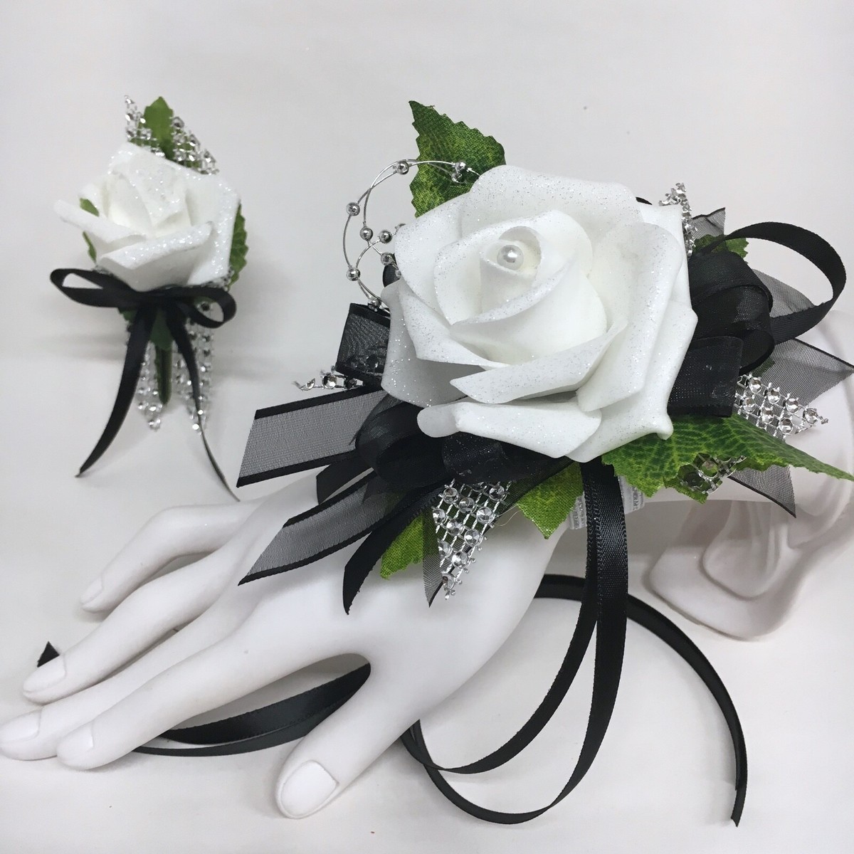 White Rose Corsage With Black Ribbon