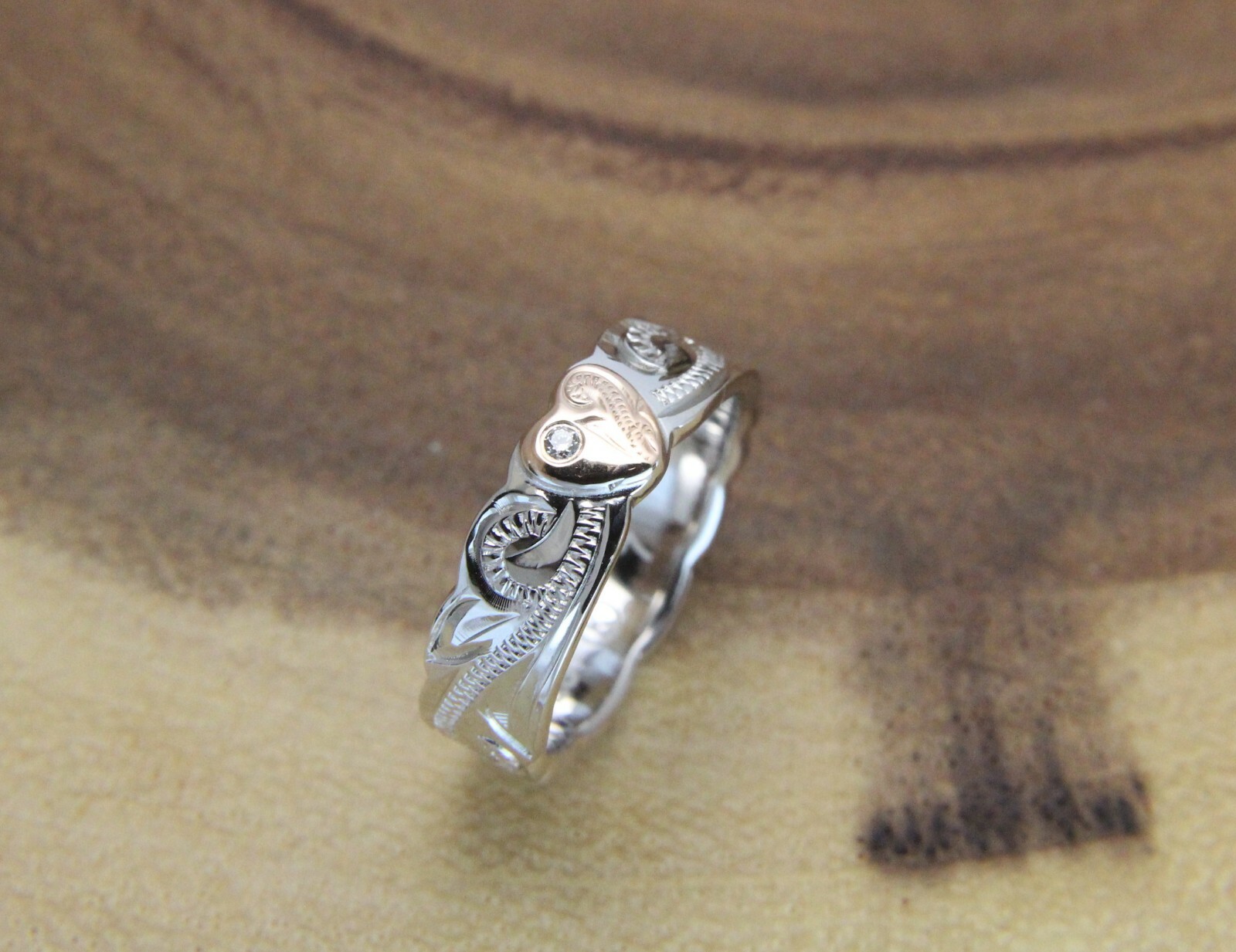 SILVER 925 HAWAIIAN SCROLL RING ROSE GOLD PLATED HEART CZ RHODIUM THICK ...