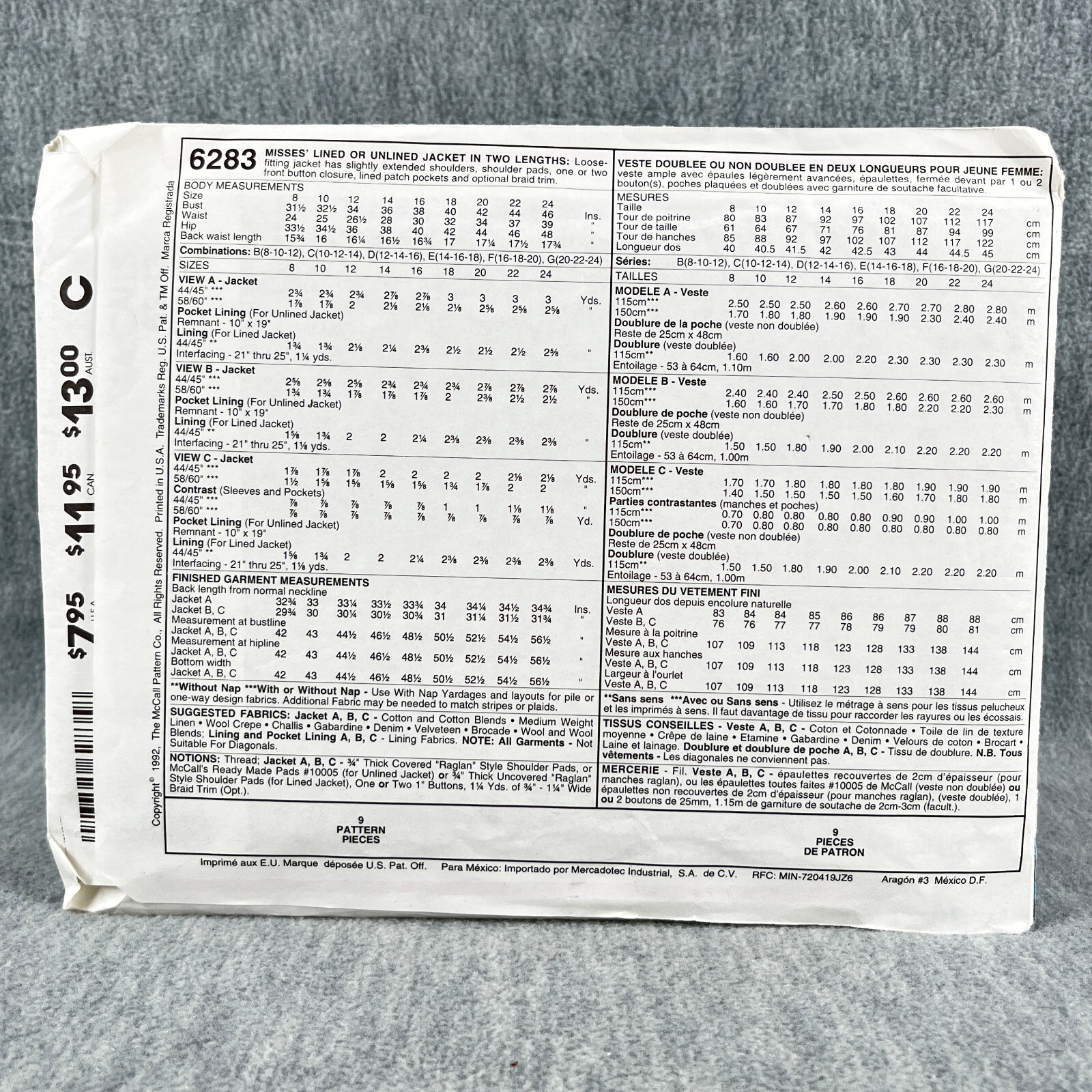 McCalls 6283 Plus Size Boxy Fit Jacket Misses Sz 16 20 Sewing Pattern ...