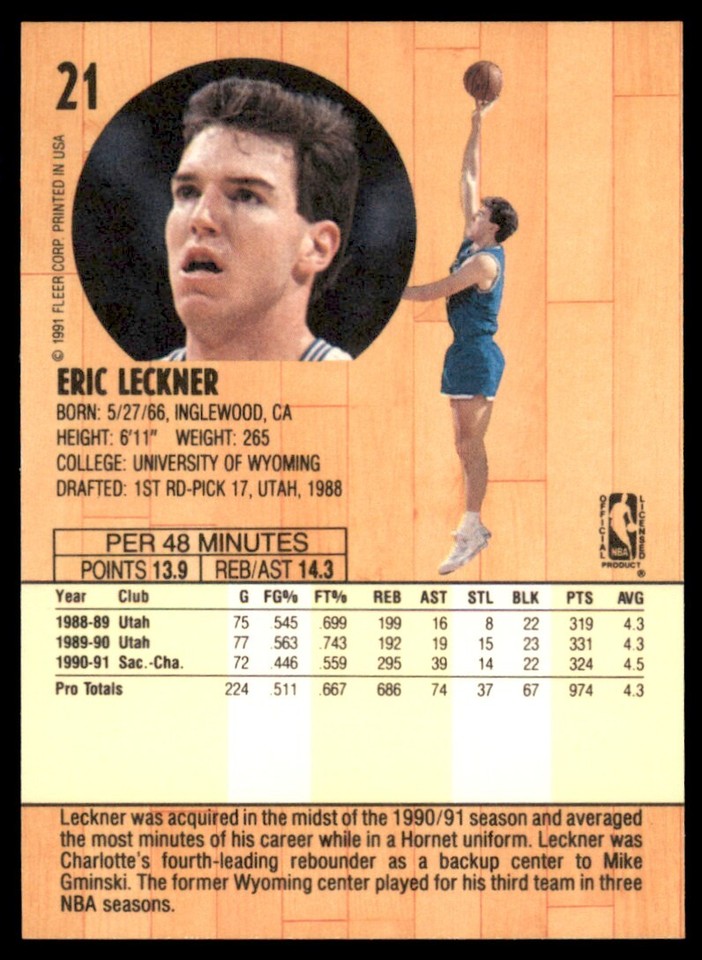 1991-92 Fleer Eric Leckner Charlotte Hornets #21 | eBay