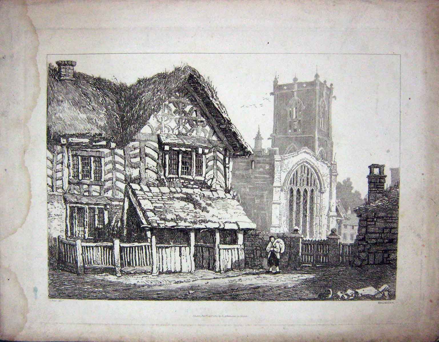 Original Old Antique Print 1821 Prout Architecture Church House 19th ...