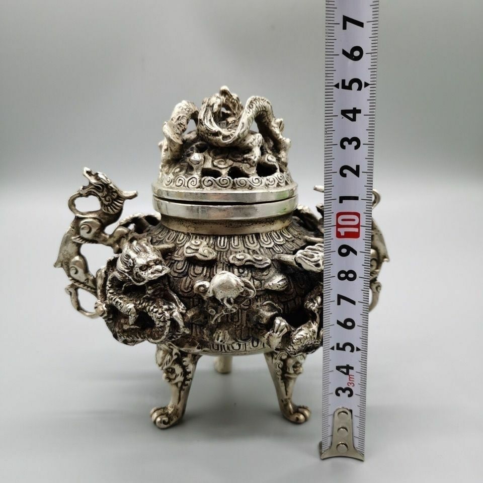 Antique Tibet silver nine dragon censer Old stamp tripod Incense Burner ...