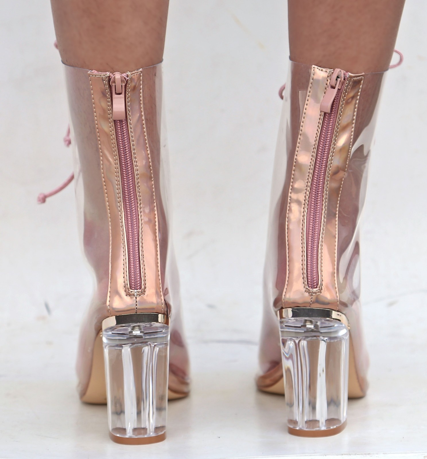 New Women FC45 Rose Gold Peep Toe Lucite Clear Heel Lace Up Booties ...