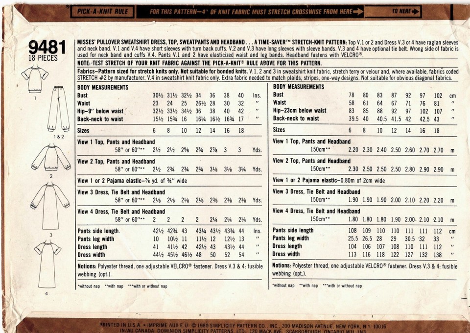 Simplicity 9481 Vintage 1980 Sweatshirt Dress Pants Sewing Pattern Uncut 6 8 10 | eBay