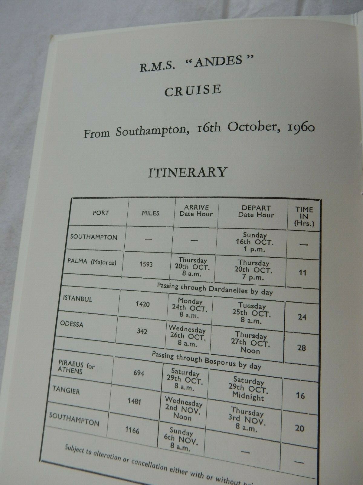 Royal Mail line PASSENGER LIST 1960 110 X 190 mm RMS ANDES 10 PAGES VG ...