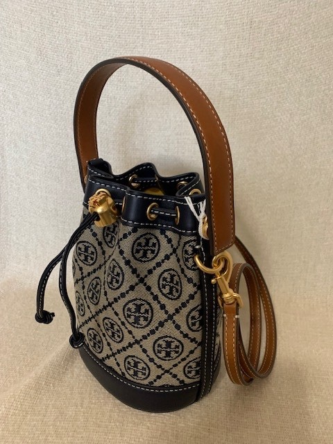 NEW Tory Burch T Monogram Tory Navy Jacquard Drawstring/Bucket/Shoulder ...