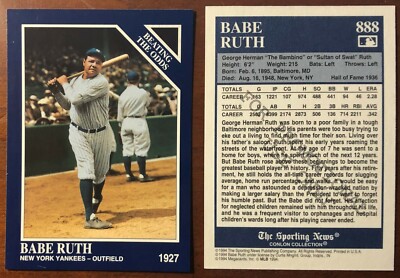 Conlon TSN Blue Color Inserts Promotional Yankees Babe Ruth Card # 888 ...