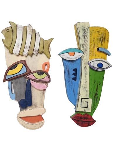 2 PC ABSTRACT Wood Picasso Style Tiki Wall MASKS Statues Sculpture Home ...