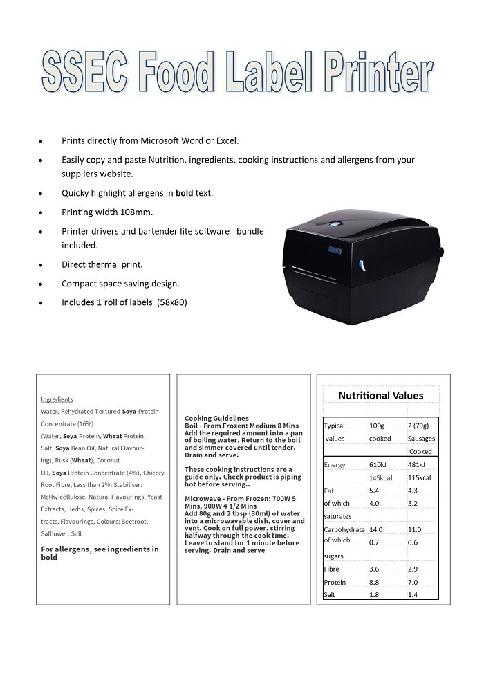 Food labelling thermal label printer ingredient/allergens/cooking ...