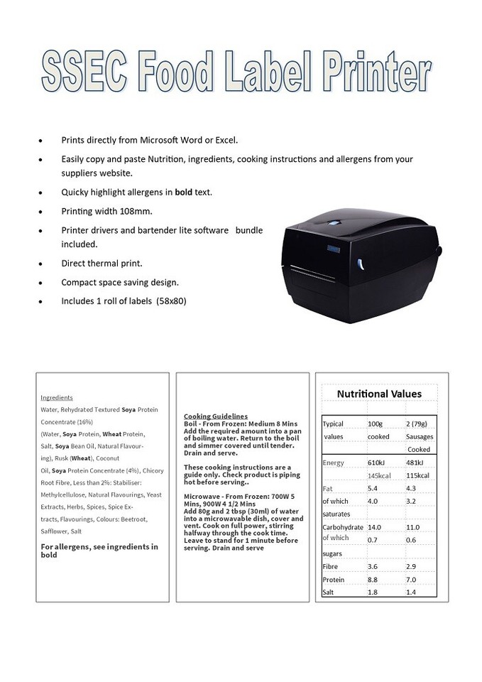 Food labelling thermal label printer ingredient/allergens/cooking ...