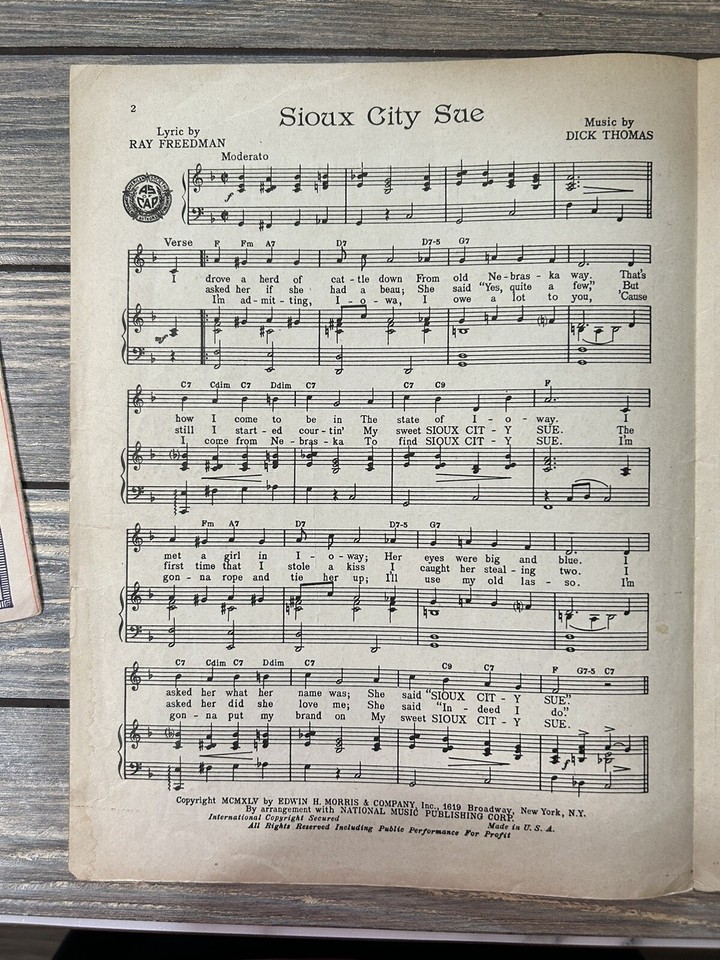 Vintage 1945 Sioux City Sue Sheet Music Dick Thomas Ray Freedman P | eBay
