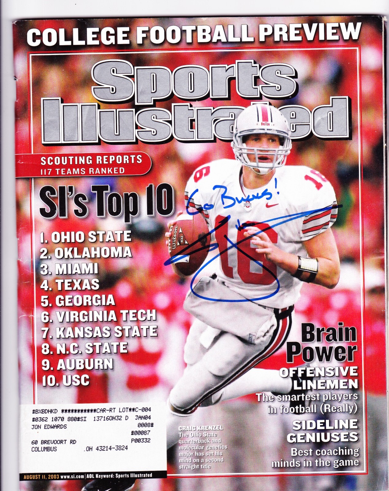 Craig Krenzel signed Sports Illustrated College FB Preview magazine ...
