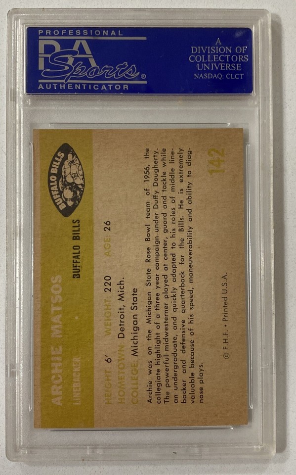 Archie Matsos 1961 Fleer PSA 7 Mint Graded Card Buffalo Bills NFL #142 ...