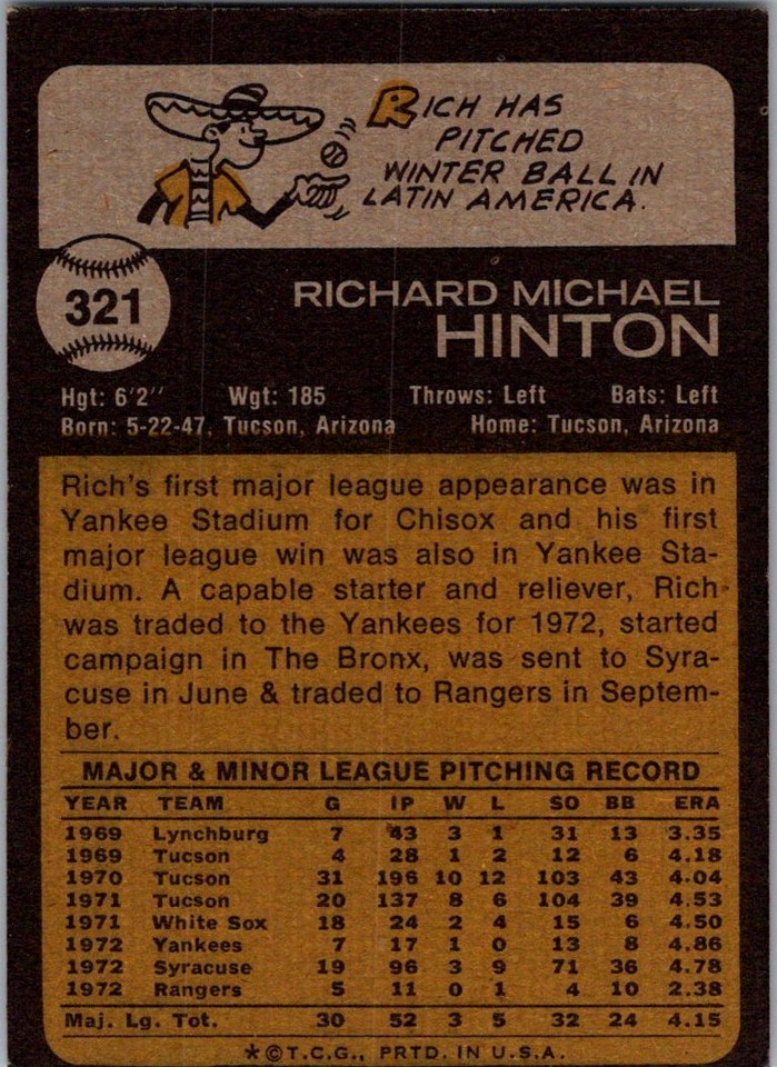 1973 Topps Rich Hinton #321 Texas Rangers | eBay