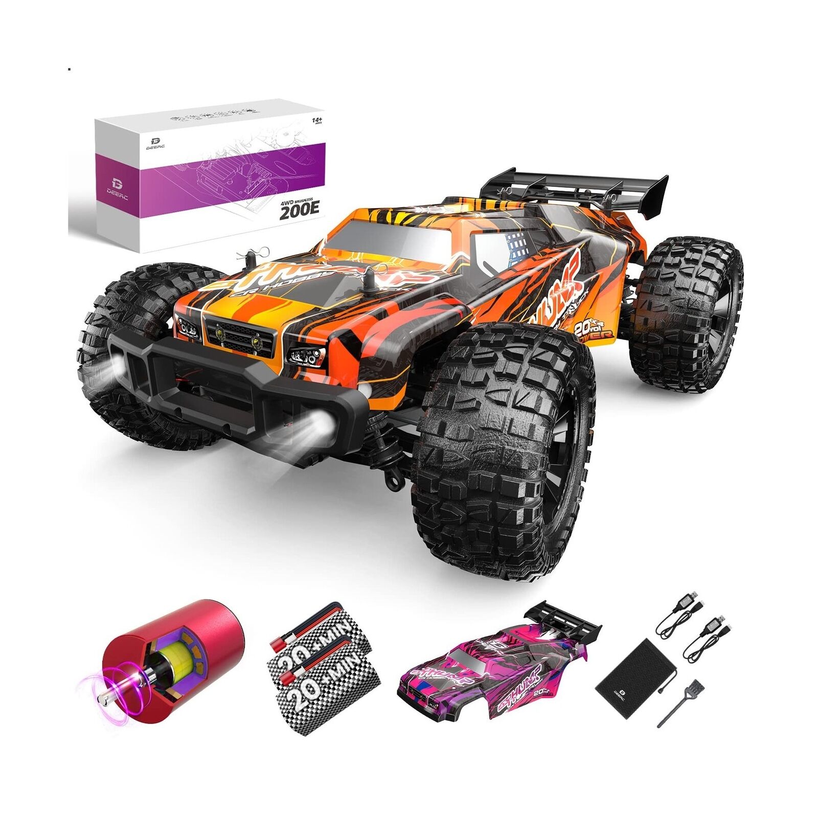 DEERC 200E Large Brushless High Speed RC Cars for Adults, 2 Car Shells ...