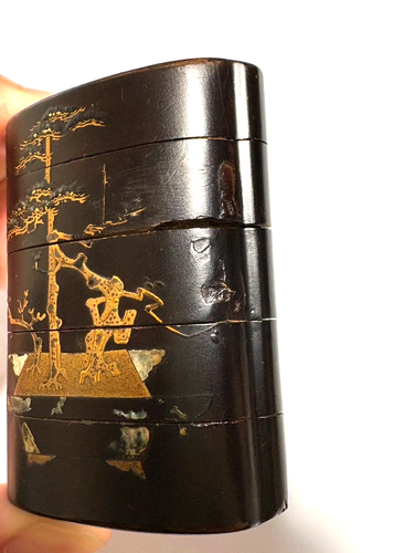 INRO Samurai Helmet Makie Raden Wooden 2.5 in Japanese Antique Ojime ...