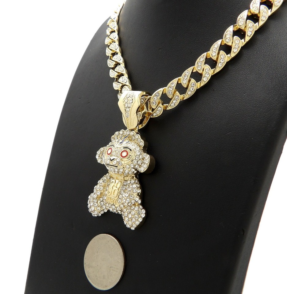 38 Baby Young Boy Monkey Pendant & 10mm 18" 20" 24" Iced Cuban Chain ...