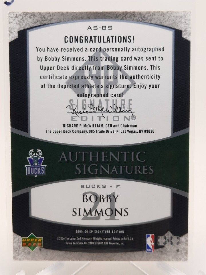 Bobby Simmons 2005-06 SP Signature Edition Authentic Signatures #AS-BS ...