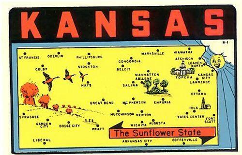 VINTAGE KANSAS SUNFLOWER STATE MAP LINDGREN TURNER TRAVEL WATER DECAL ...