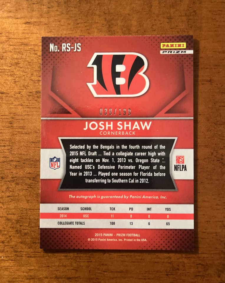 JOSH SHAW 2015 PANINI PRIZM BLUE ROOKIE SIGNATURES 39/199 RS-JS CINC BENGALS | eBay