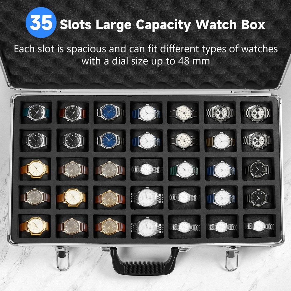 35 Slots Aluminum Watch Display Case Lockable Watch Jewelry Storage ...