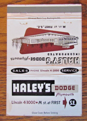 HALEY'S DODGE PLYMOUTH CAR DEALER MATCHBOOK COVER: WASHINGTON, DC ...