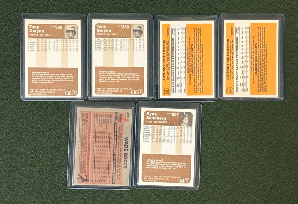 TONY GWYNN SANDBERG BOGGS 1983 BASEBALL (6) CARD ROOKIE RC LOT HOF ...