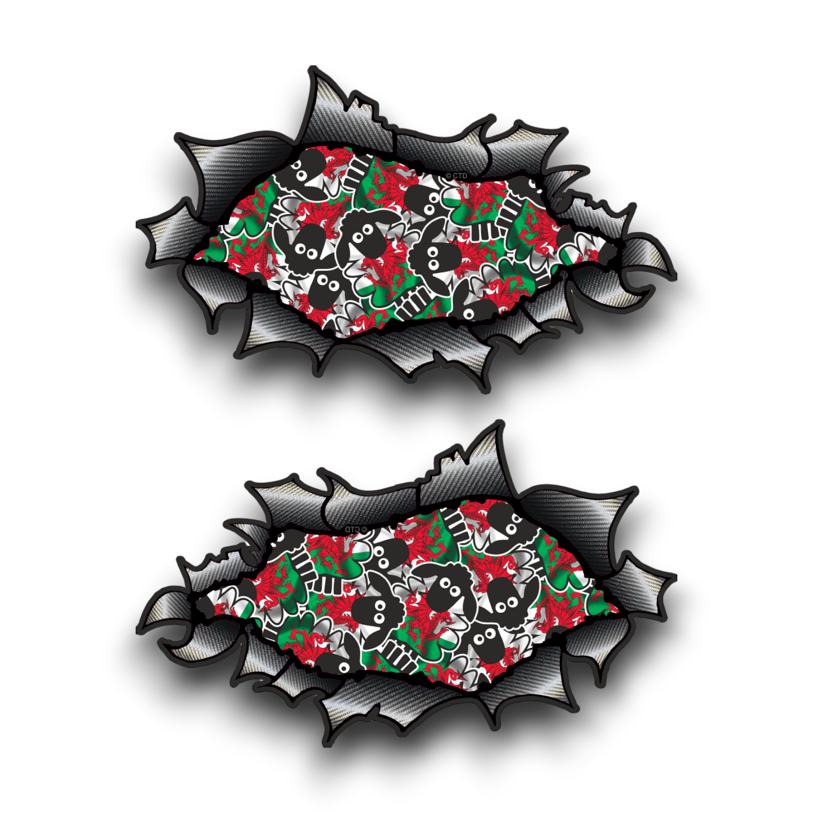 2x Small Welsh Flag Sheep Sticker Bomb Ripped Carbon Oval Vinyl Sticker ...