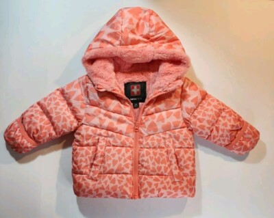 Swiss Tech Heart Print Hooded Toddler Puffer Jacket 12 Months Pink ...