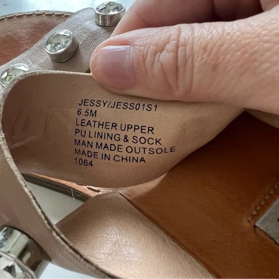 Steve Madden Jessy Rhinestones double strap slip on Leather Tan Sandals ...