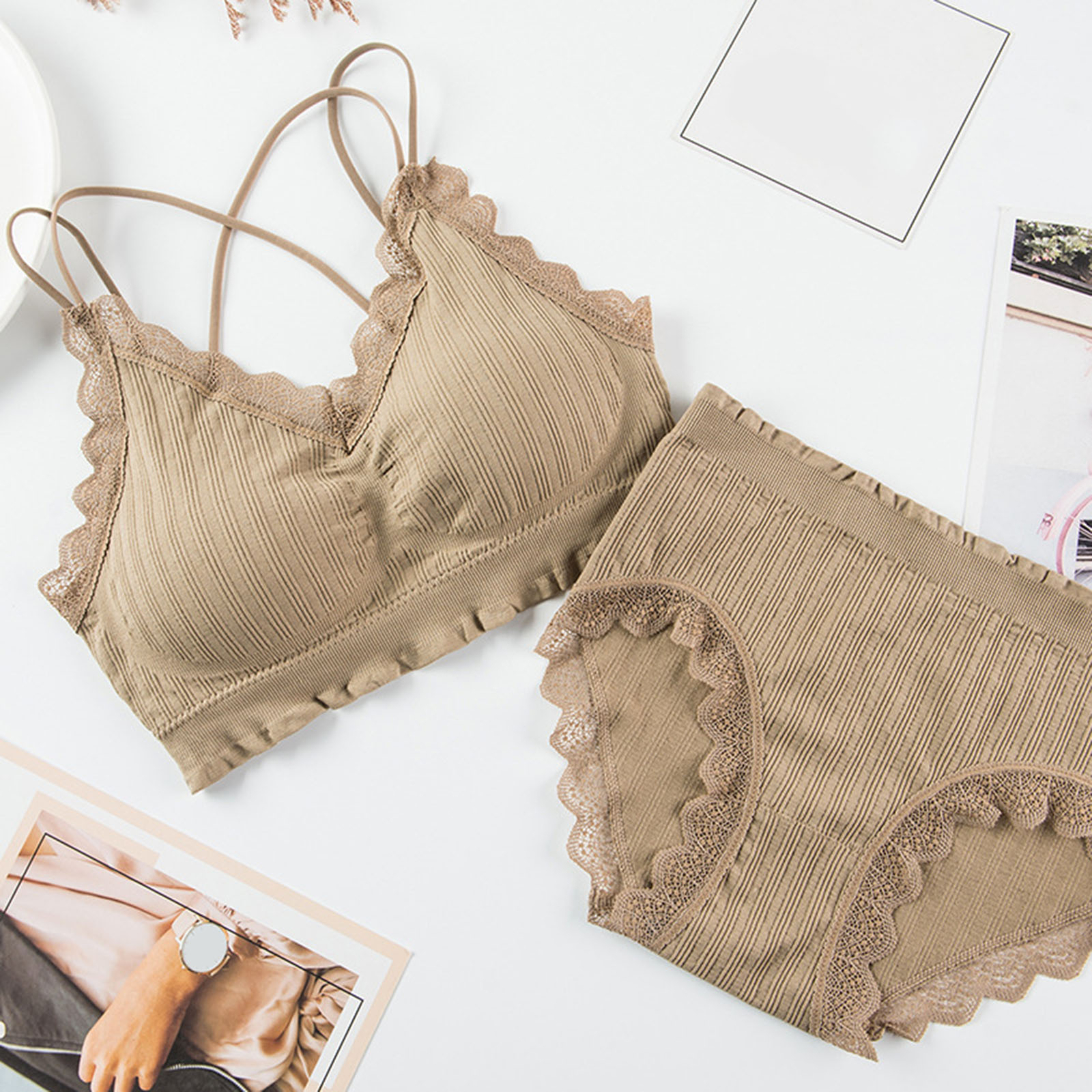 1 Set Bra Set Ruffled Edge Show Back Curve Lace Design Sexy Underwear ...