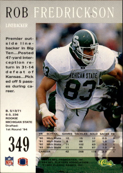 1994 Pro Line Live Football Card #349 Rob Fredrickson RC | eBay