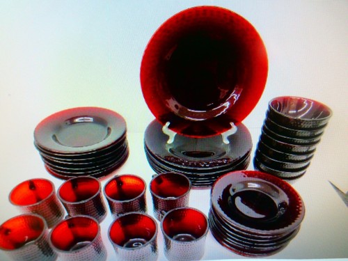 OVAL HOBNAIL Textured Ruby Red Glass Dinnerware Set 40 pc service for 8 ...