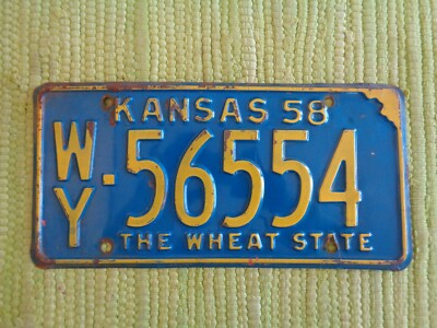 1958 Kansas License Plate KS 58 Tag The Wheat State WY 56554 | eBay
