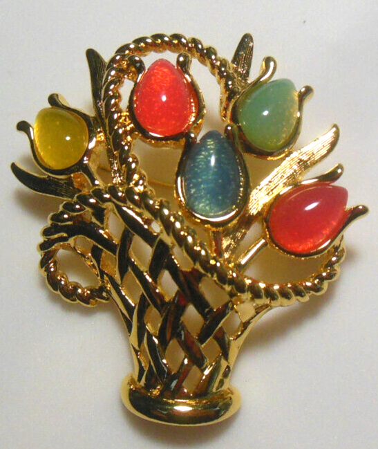 Vtg. Signed Trifari Multi-color Fruit Salad Flower Basket Brooch 1.7/8 ...