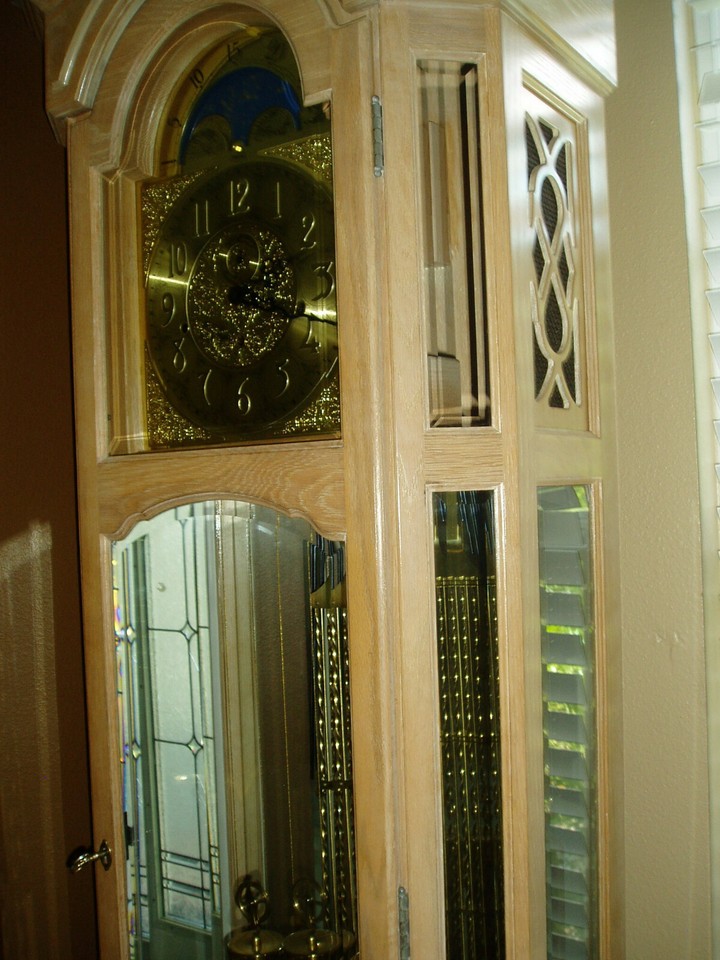 RIDGEWAY GRANDFATHER CLOCK- PENDULUM CHIME-RARE BLONDE OAK WOOD,BEVELED ...