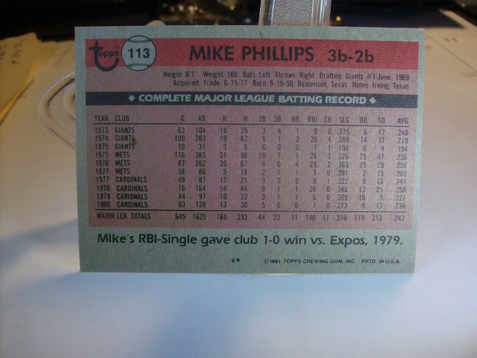 1981 Topps Baseball #113 - Mike Phillips - St. Louis Cardinals 81-255 ...