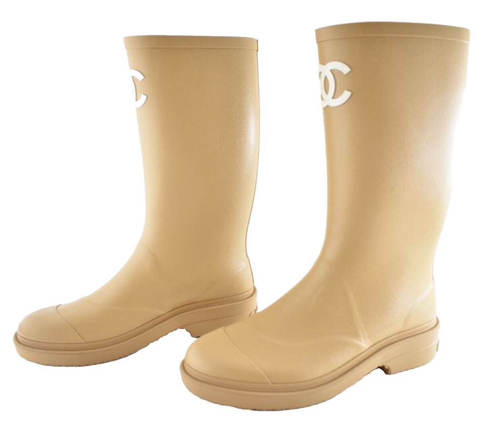 Chanel REV Beige White Wellington Wellies CC Logo Pull On Rubber Rain ...