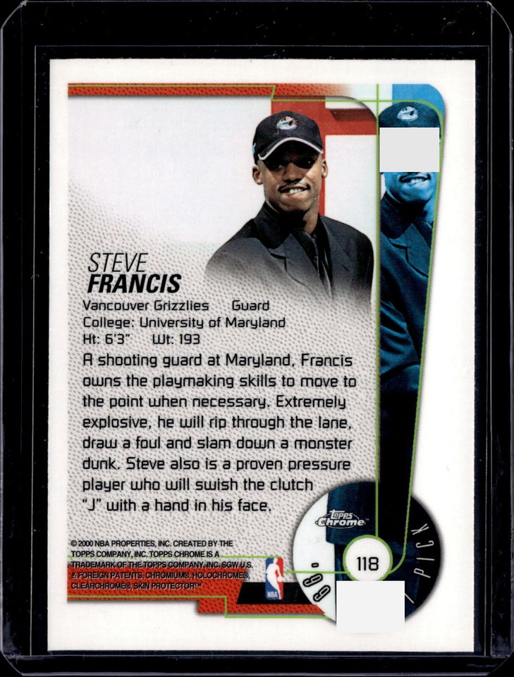 1999-00 Topps Chrome #118 Steve Francis Rookie RC Vancouver Grizzlies ...
