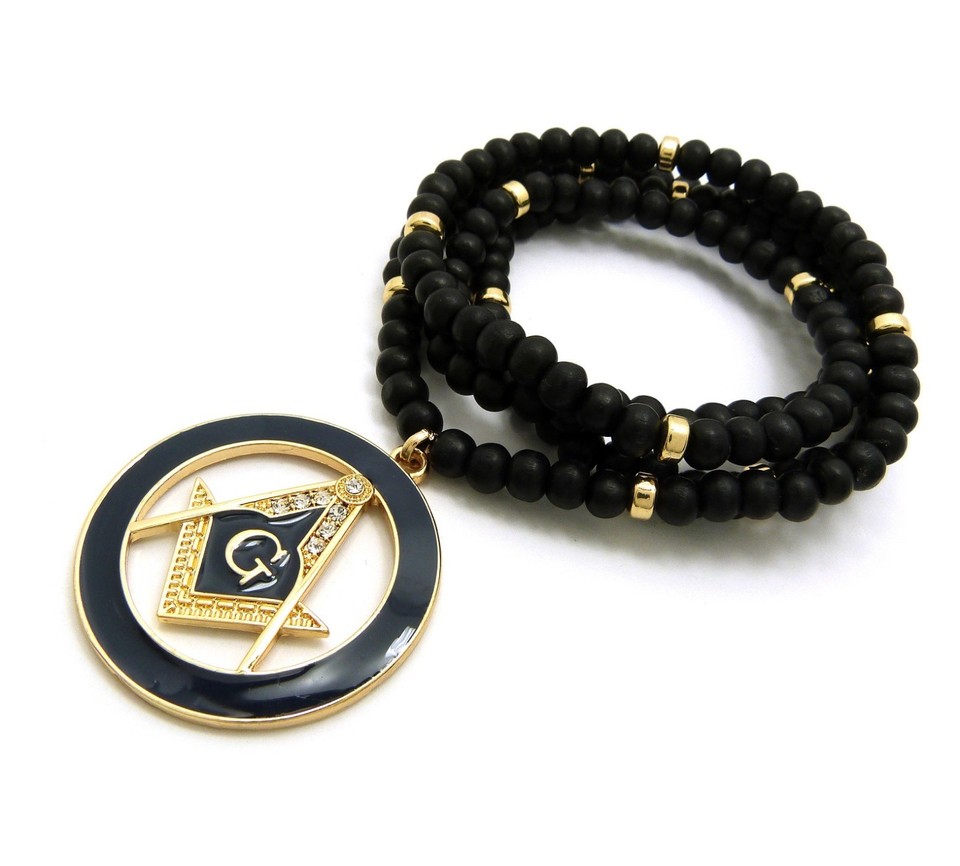 NEW FREEMASON MASONIC 2 TONE ROUND PENDANT 6mm/30" WOODEN BEAD CHAIN ...