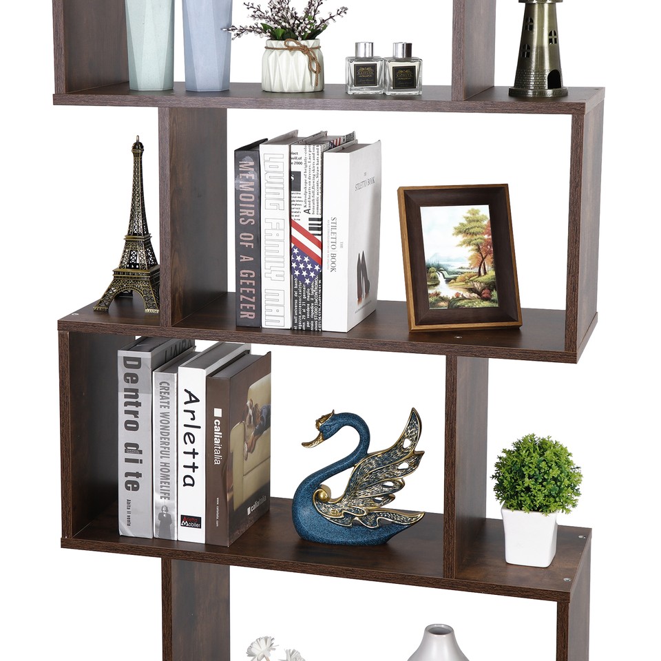 2×5-Tier Bookshelf Wood Geometric Bookcase Freestanding S-Shaped ...
